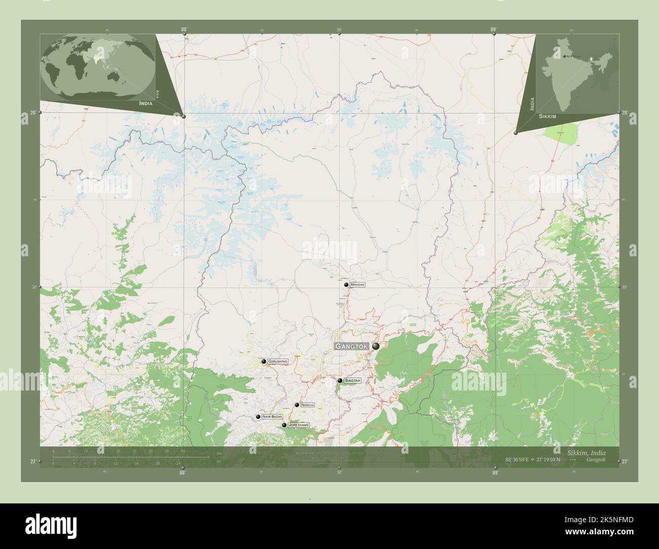 Sikkim, state of India. Open Street Map. Locations and names of major ...