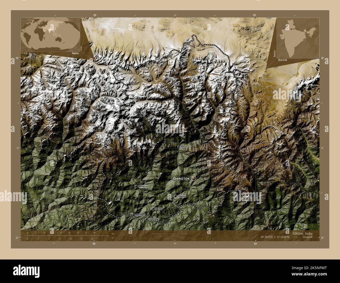 Sikkim, state of India. Low resolution satellite map. Locations and ...