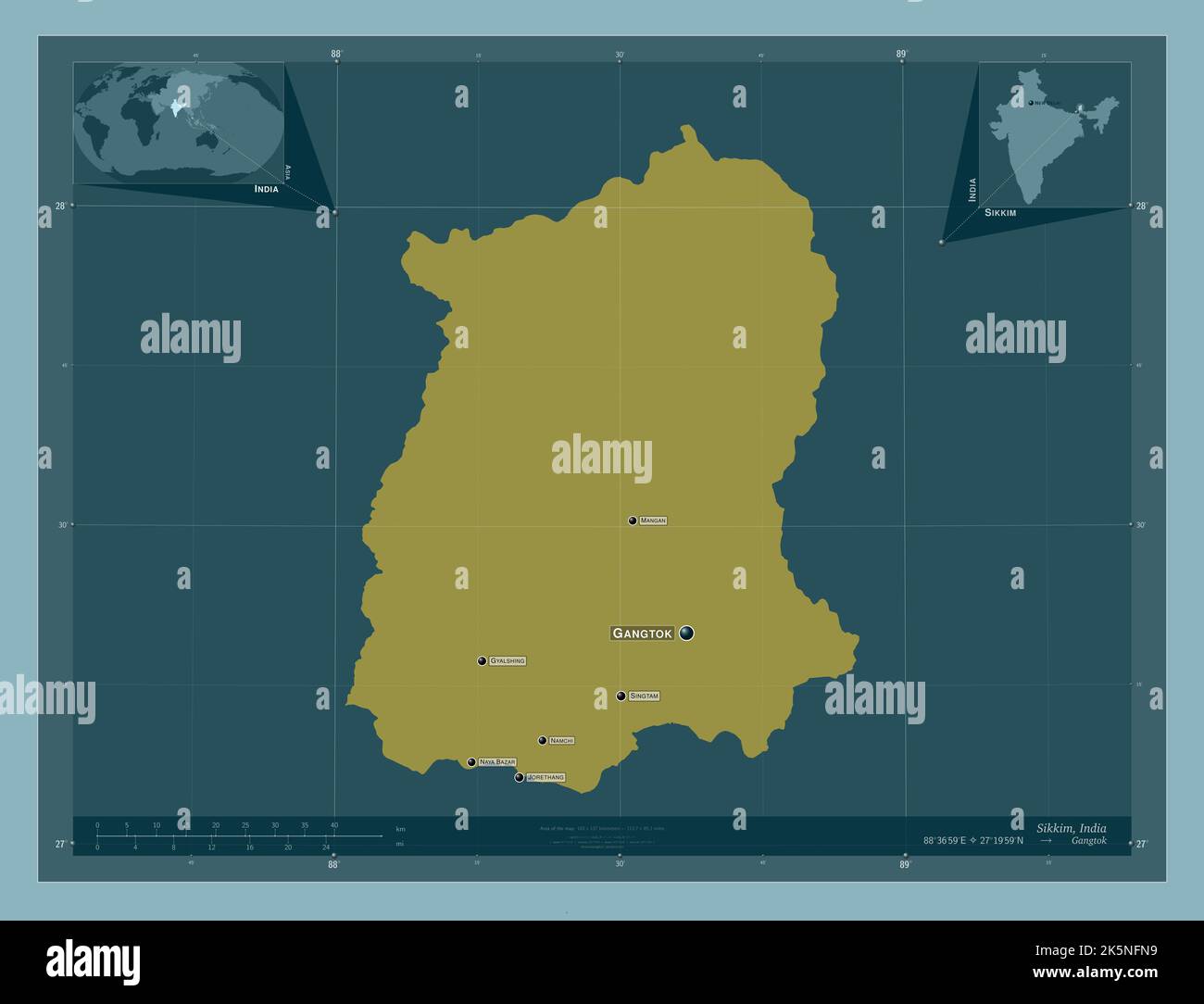 Sikkim, state of India. Solid color shape. Locations and names of major ...