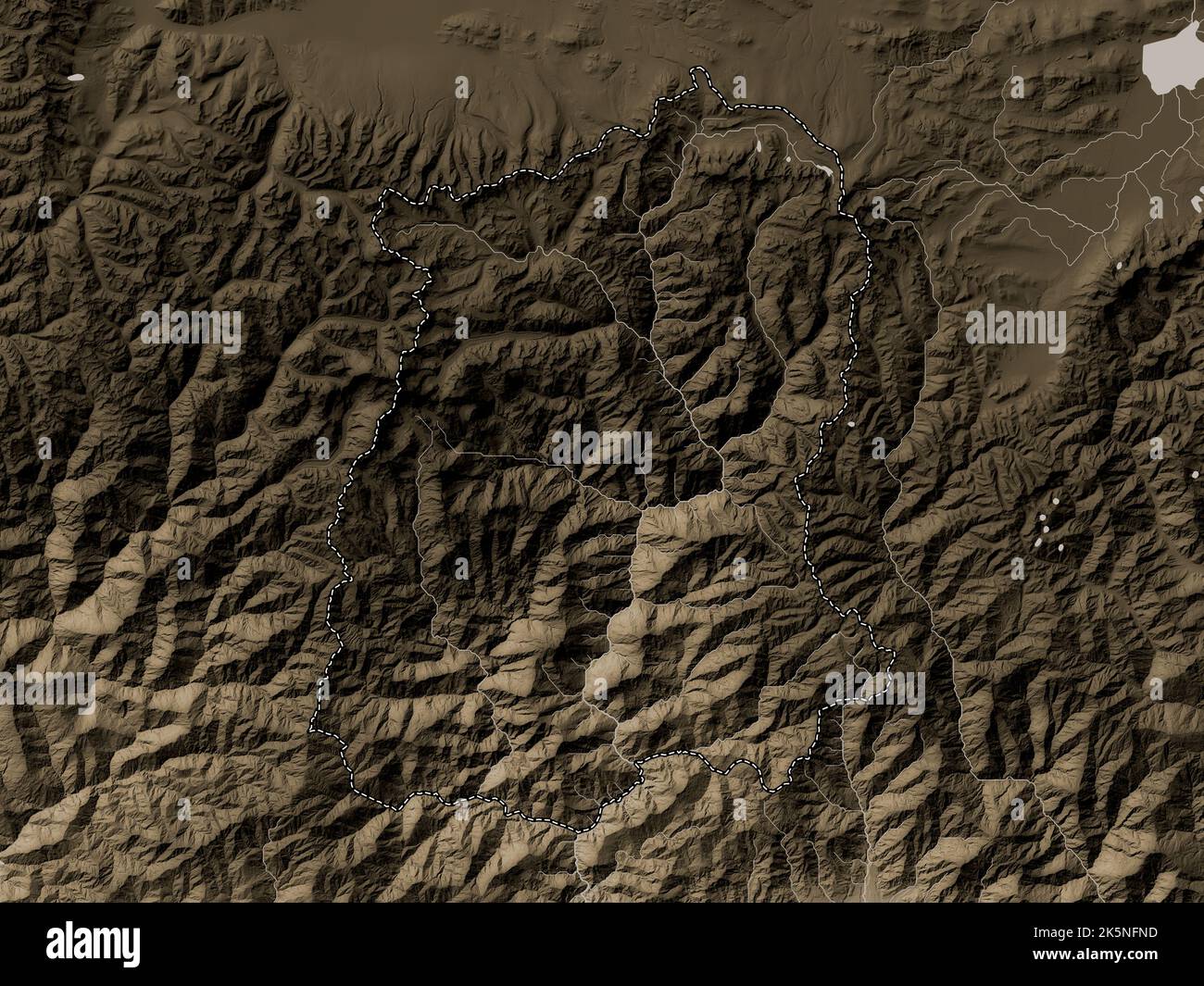 Sikkim, state of India. Elevation map colored in sepia tones with lakes ...