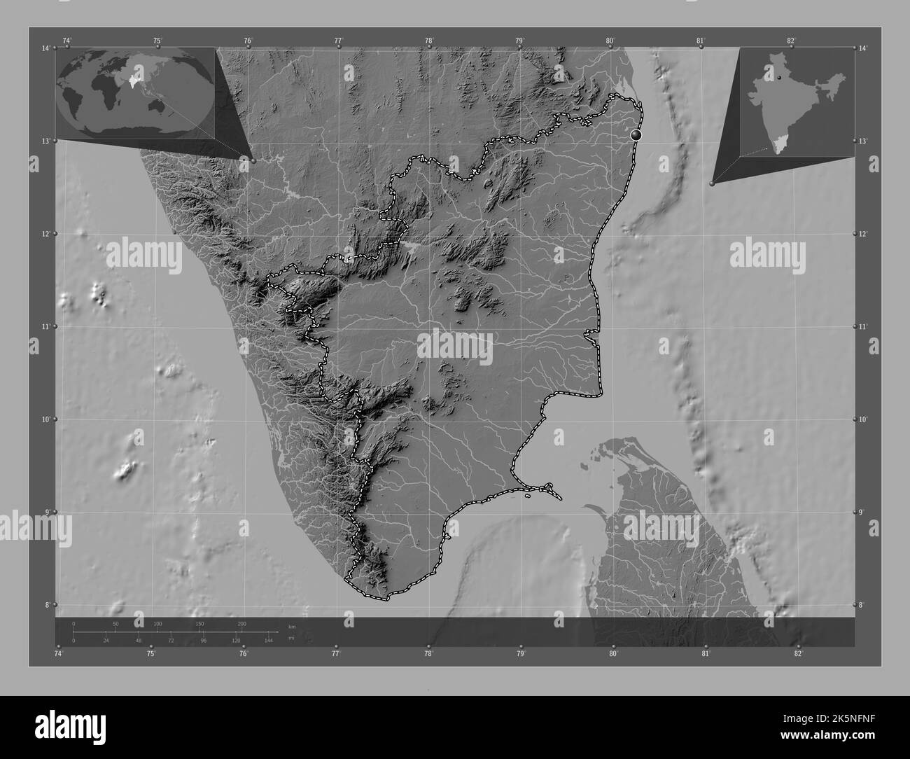 Tamil Nadu, state of India. Bilevel elevation map with lakes and rivers ...