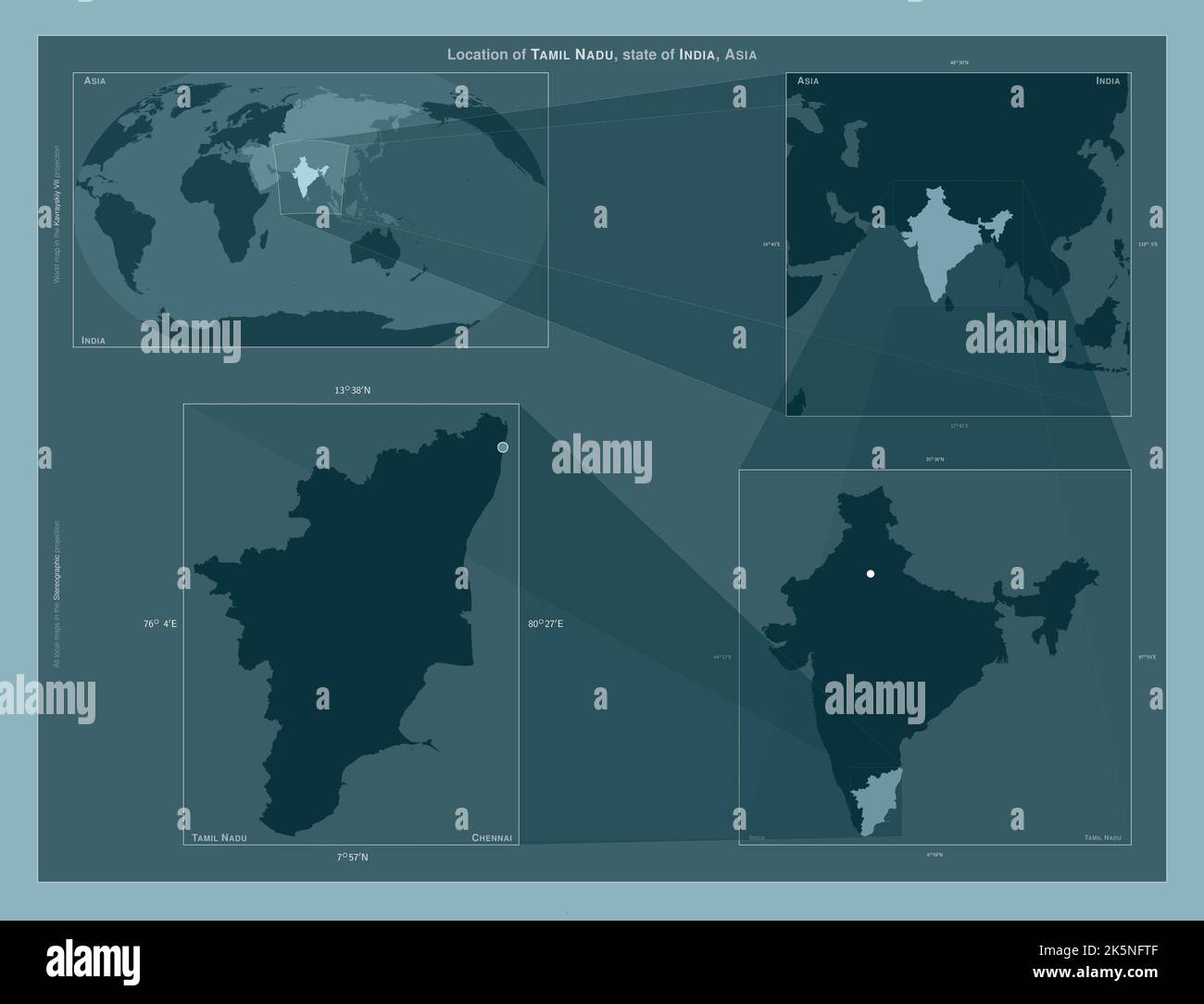 Tamil Nadu, state of India. Diagram showing the location of the region ...