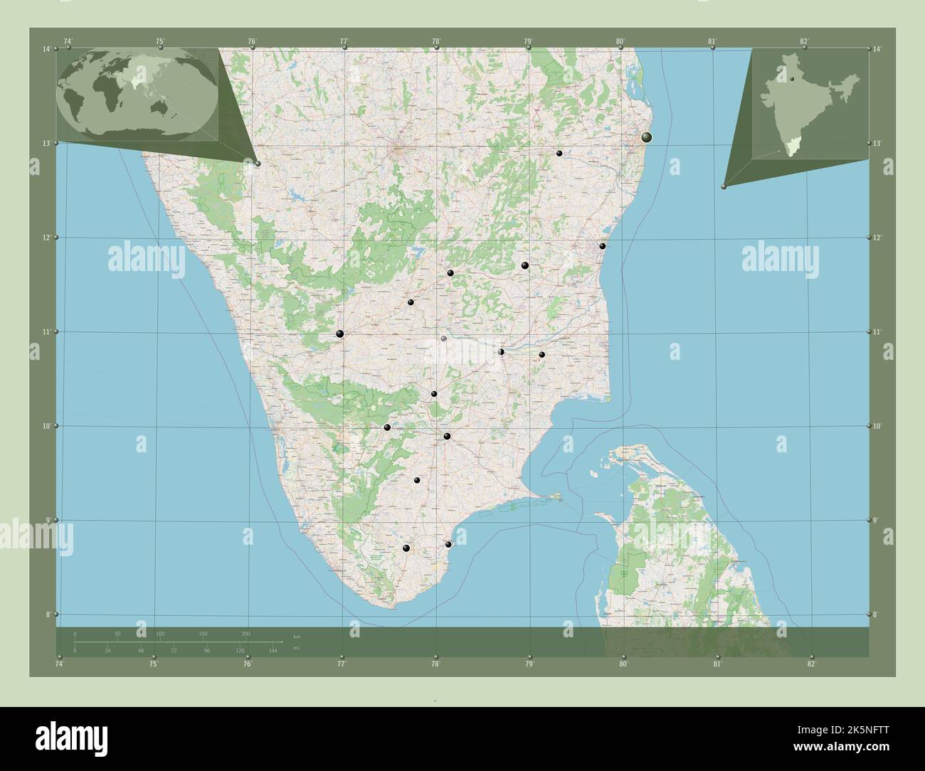 Tamil Nadu, state of India. Open Street Map. Locations of major cities ...