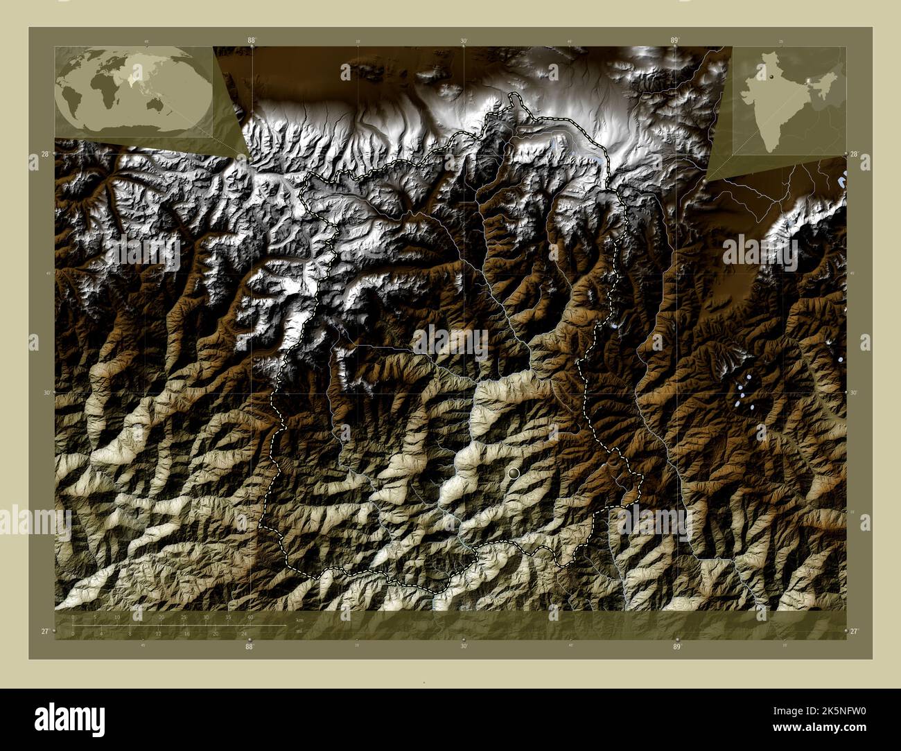 Sikkim, state of India. Elevation map colored in wiki style with lakes ...