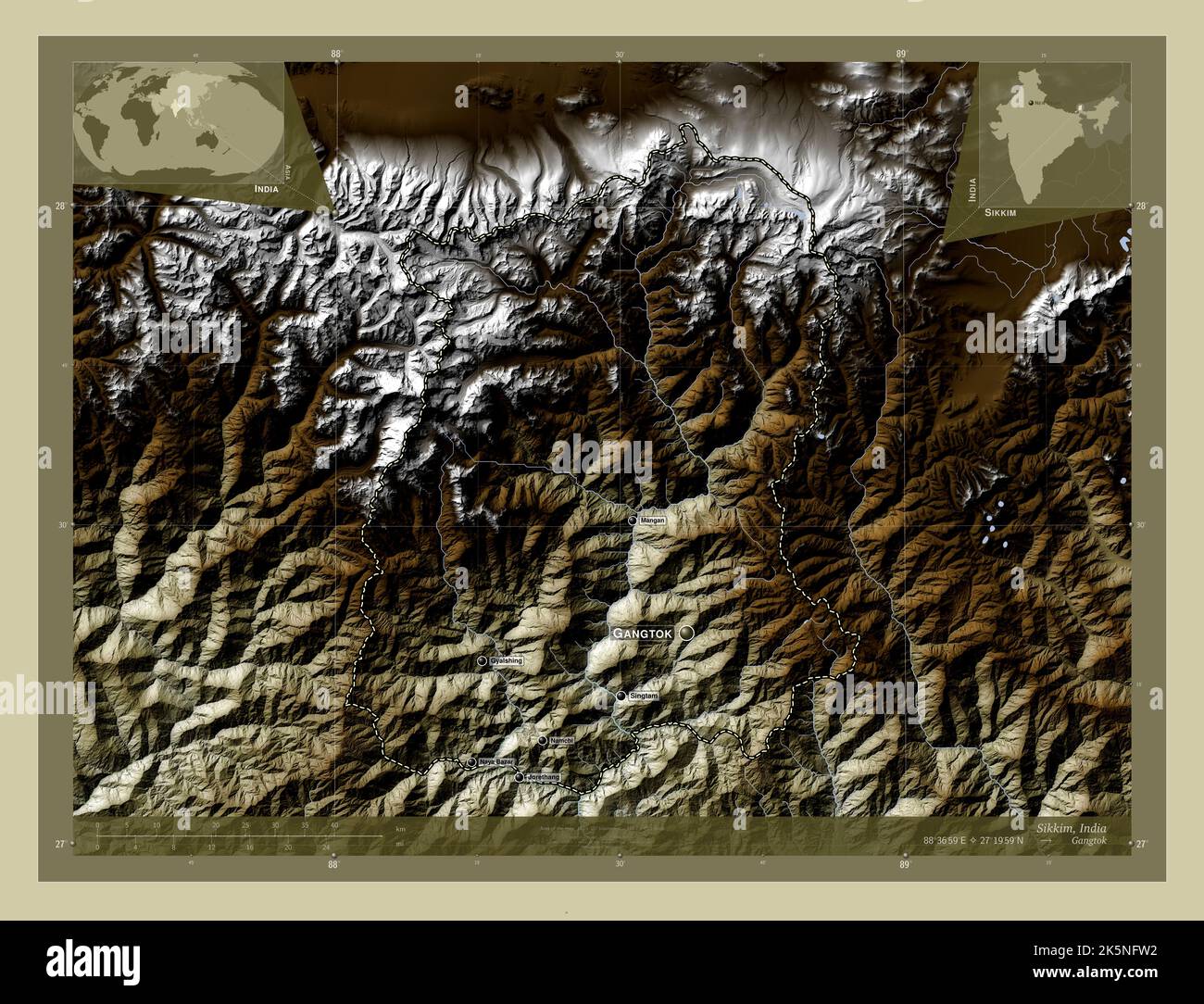 Sikkim, state of India. Elevation map colored in wiki style with lakes ...