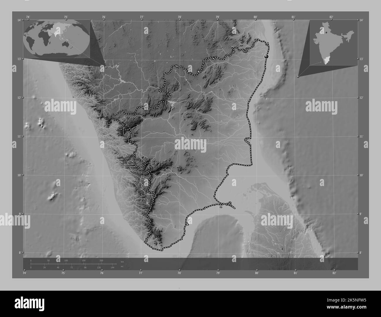 Tamil Nadu, state of India. Grayscale elevation map with lakes and ...