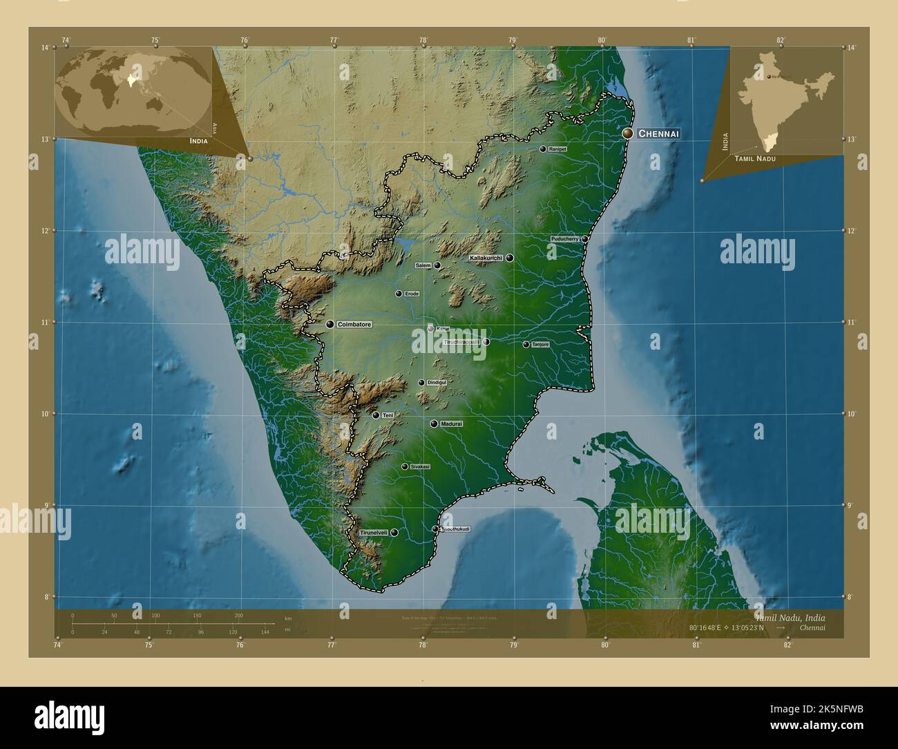 Tamil Nadu, state of India. Colored elevation map with lakes and rivers ...