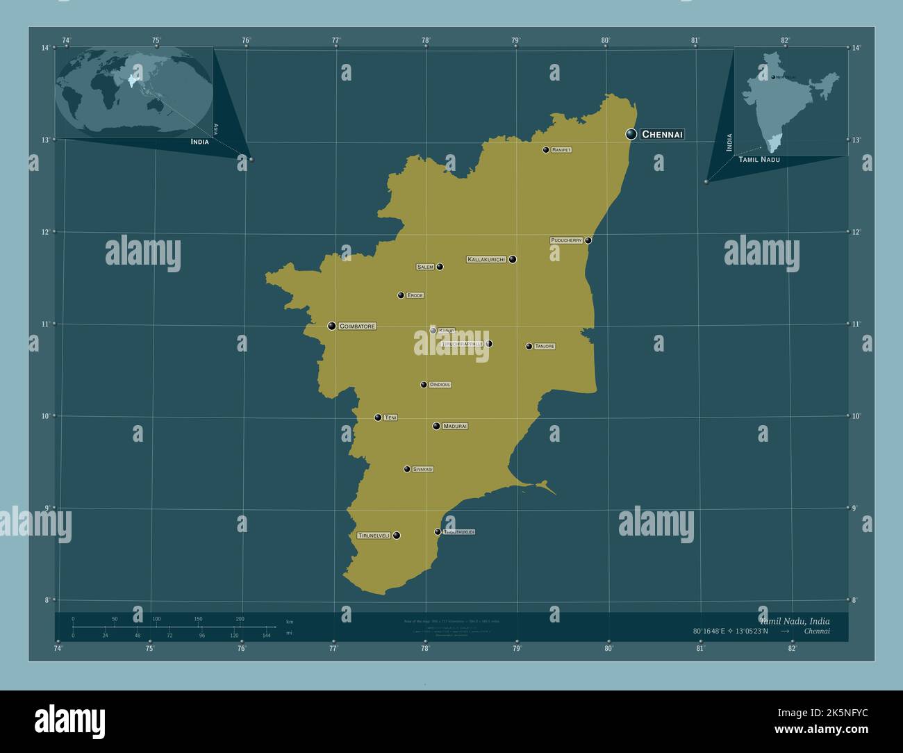 Tamil Nadu, state of India. Solid color shape. Locations and names of ...