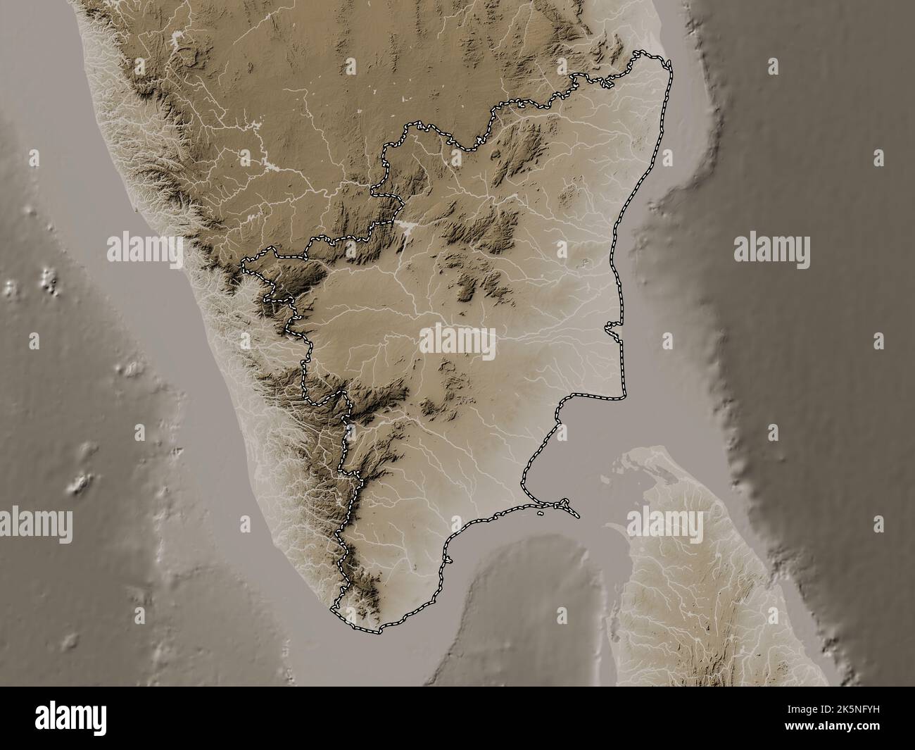 Tamil Nadu, state of India. Elevation map colored in sepia tones with ...