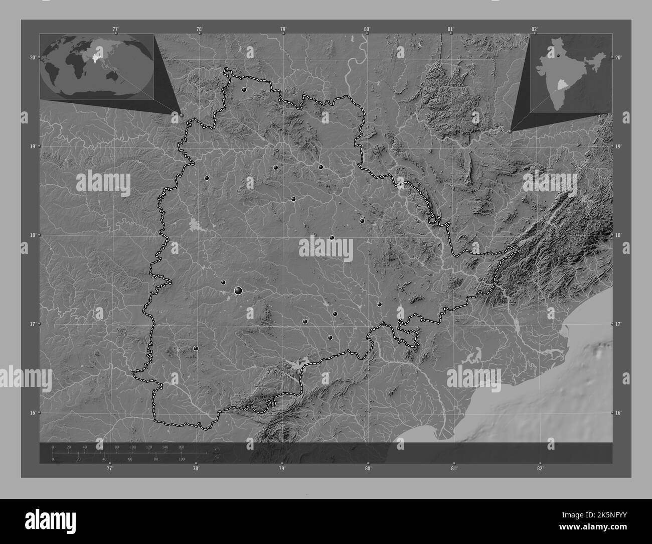 Telangana, state of India. Bilevel elevation map with lakes and rivers ...