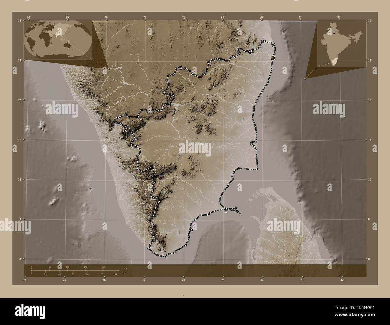 Tamil Nadu, state of India. Elevation map colored in sepia tones with ...
