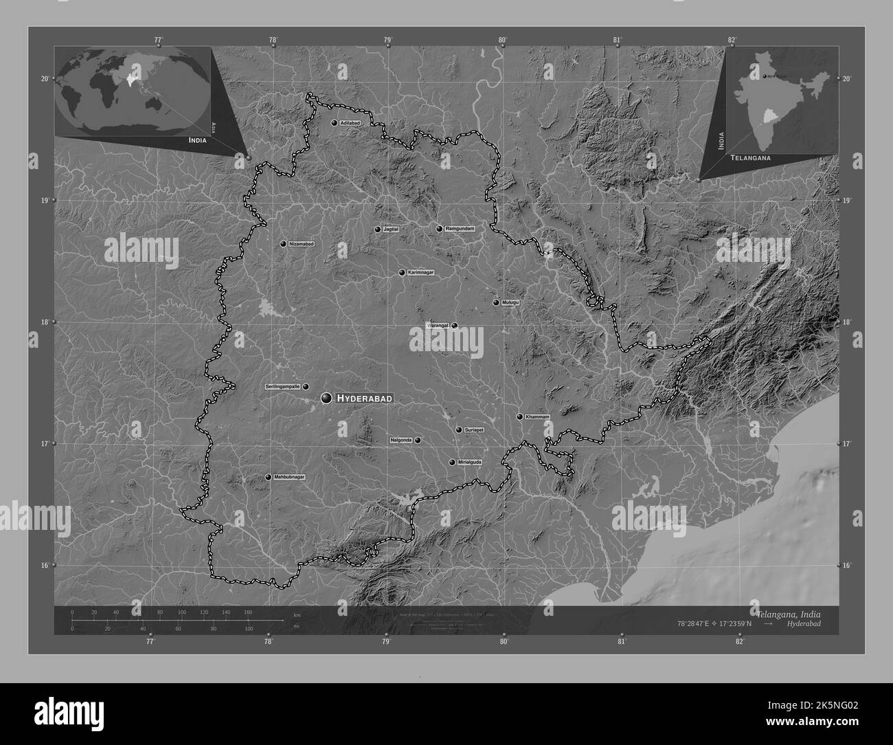 Telangana, state of India. Bilevel elevation map with lakes and rivers ...