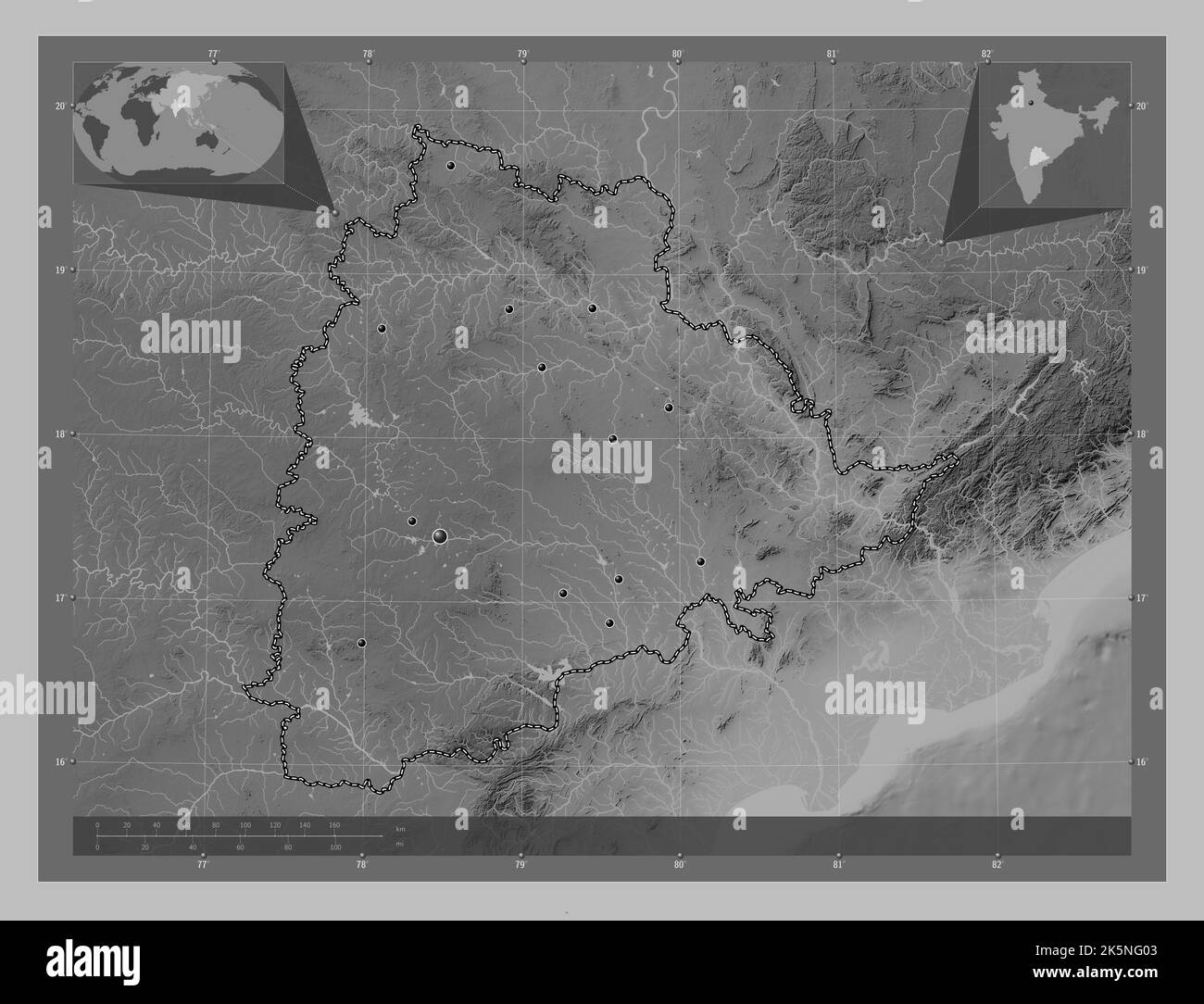 Telangana, state of India. Grayscale elevation map with lakes and ...