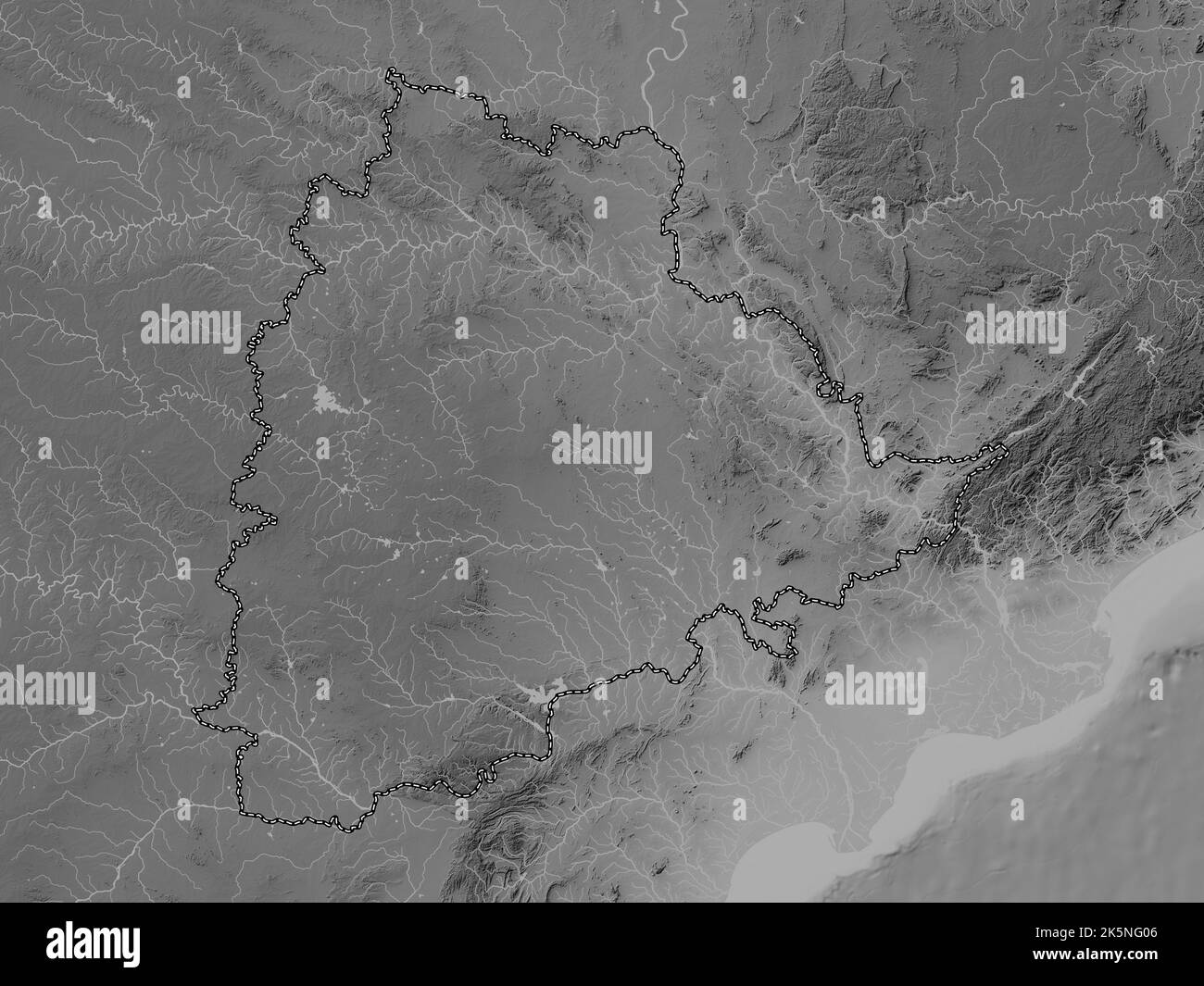Telangana, state of India. Grayscale elevation map with lakes and ...
