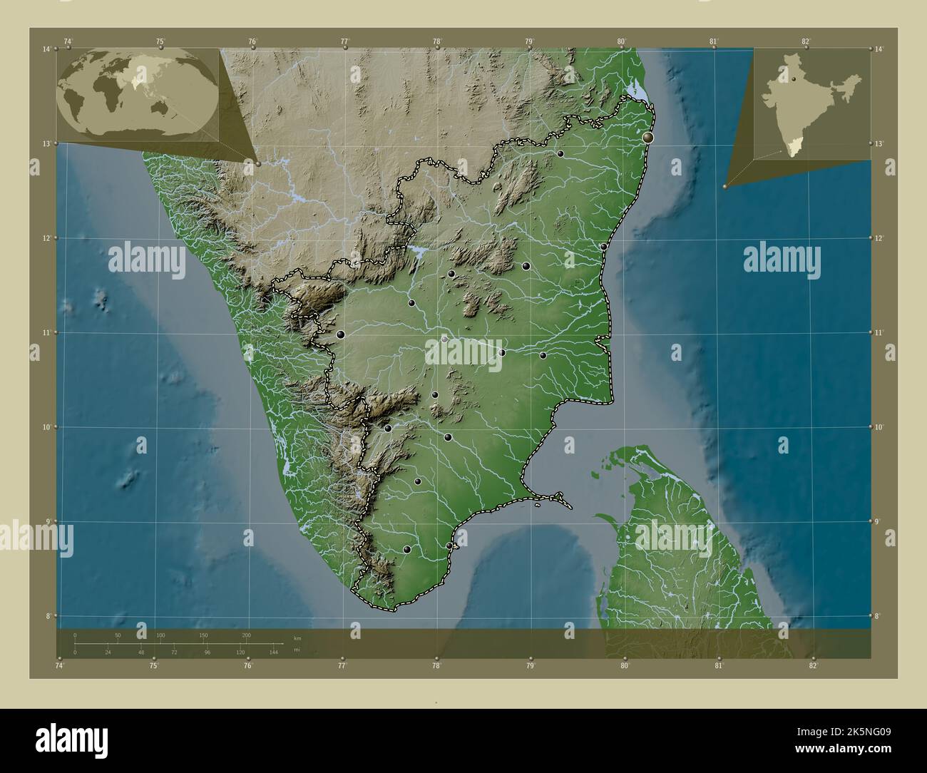 Tamil Nadu, state of India. Elevation map colored in wiki style with ...