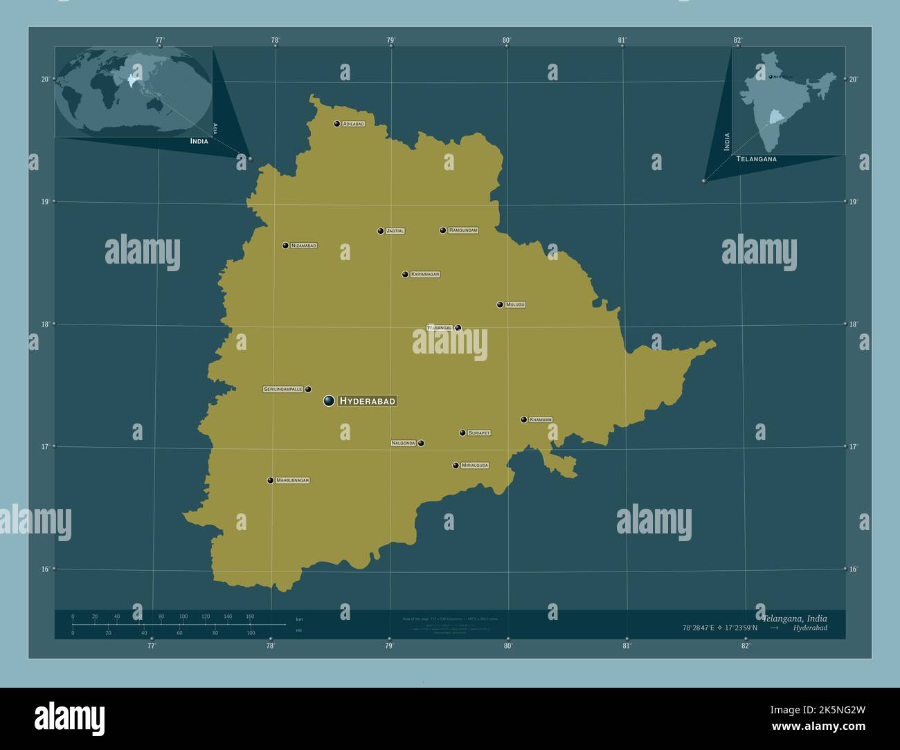 Telangana, state of India. Solid color shape. Locations and names of ...