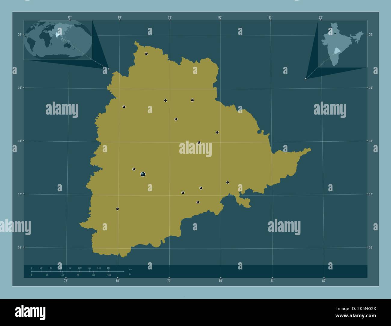 Telangana, state of India. Solid color shape. Locations of major cities ...