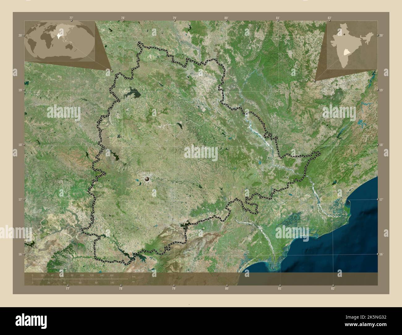 Telangana, state of India. High resolution satellite map. Corner ...