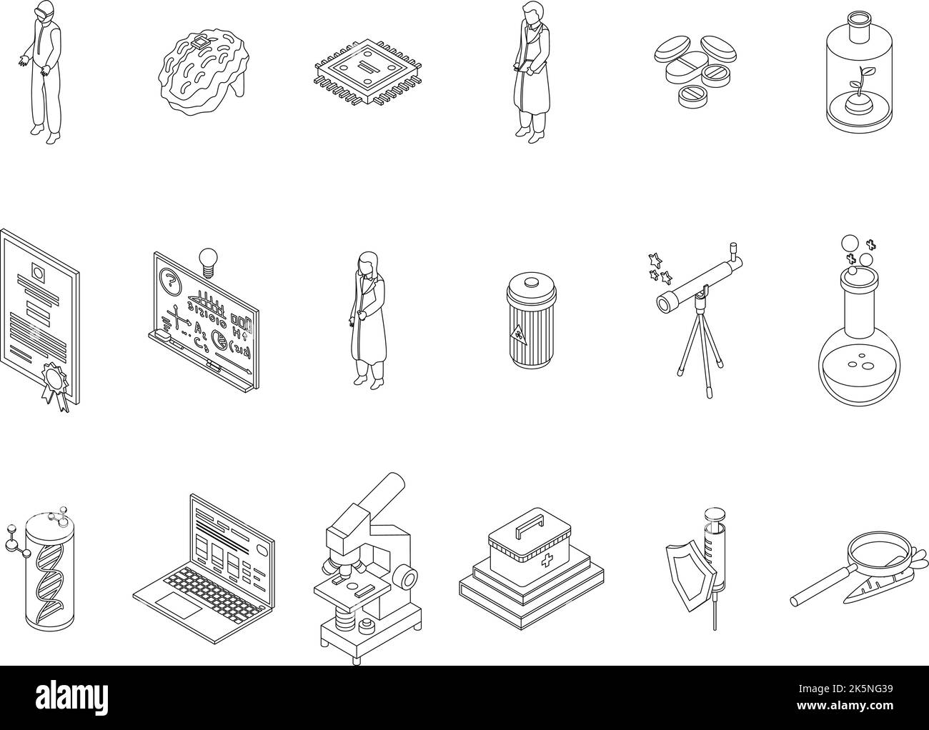 Research scientist icons set. Isometric set of research scientist vector icons outline thin lne ...