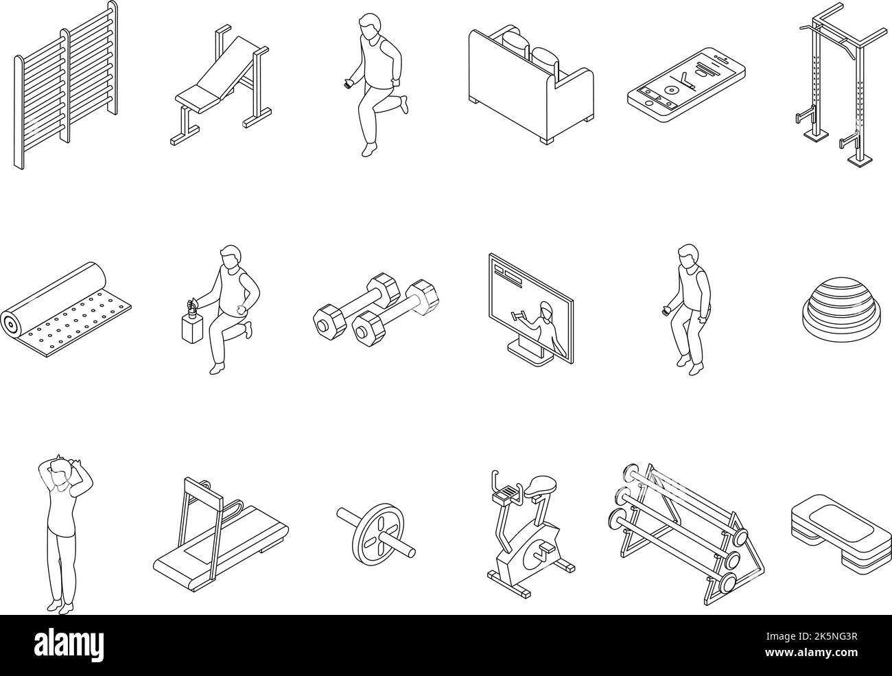 Home gym icons set. Isometric set of home gym vector icons outline thin lne isolated on white ...