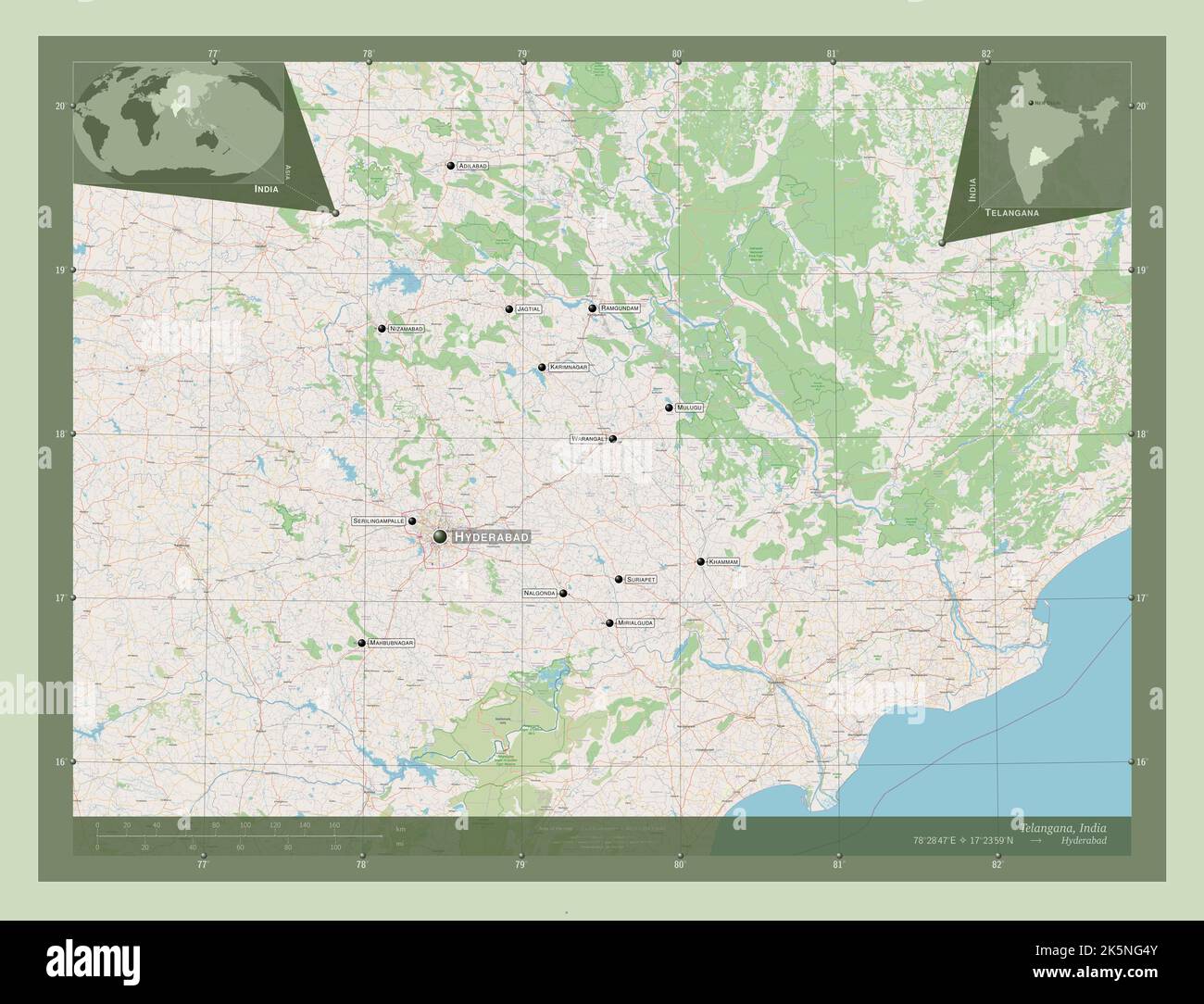Telangana, state of India. Open Street Map. Locations and names of ...