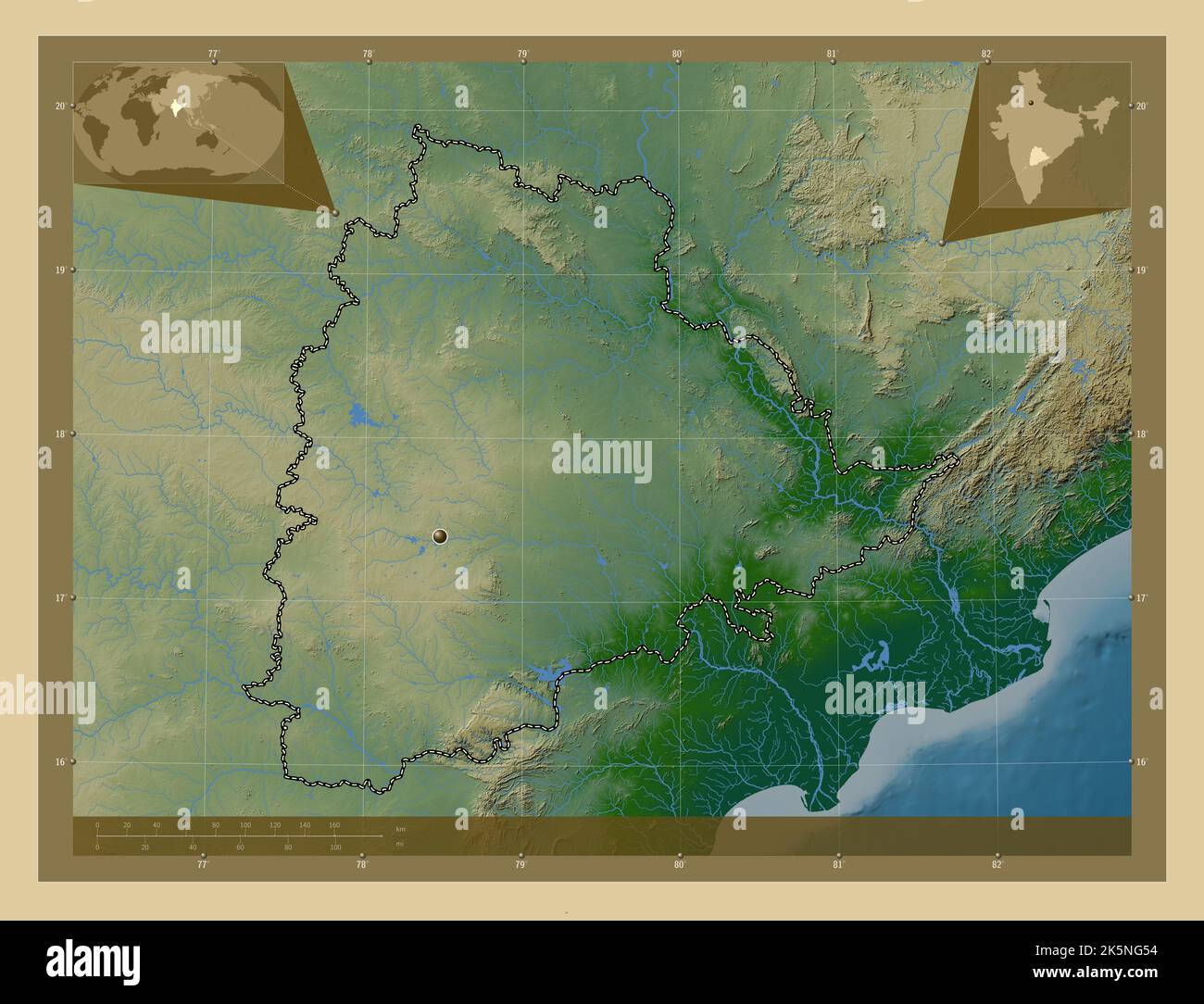 Telangana, state of India. Colored elevation map with lakes and rivers ...