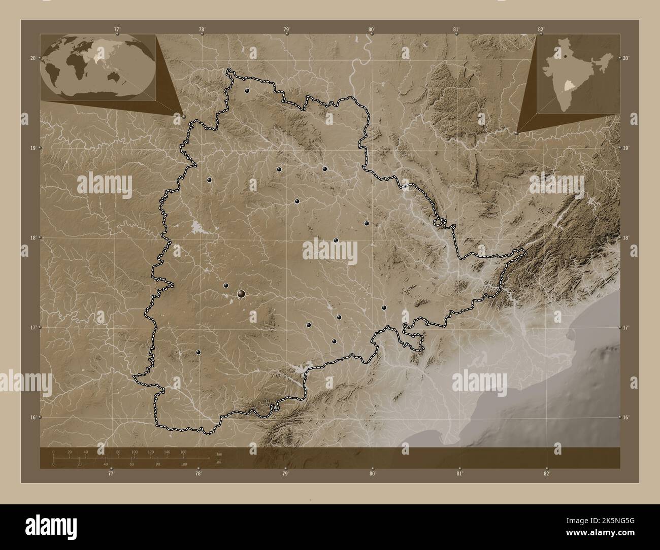 Telangana, state of India. Elevation map colored in sepia tones with ...