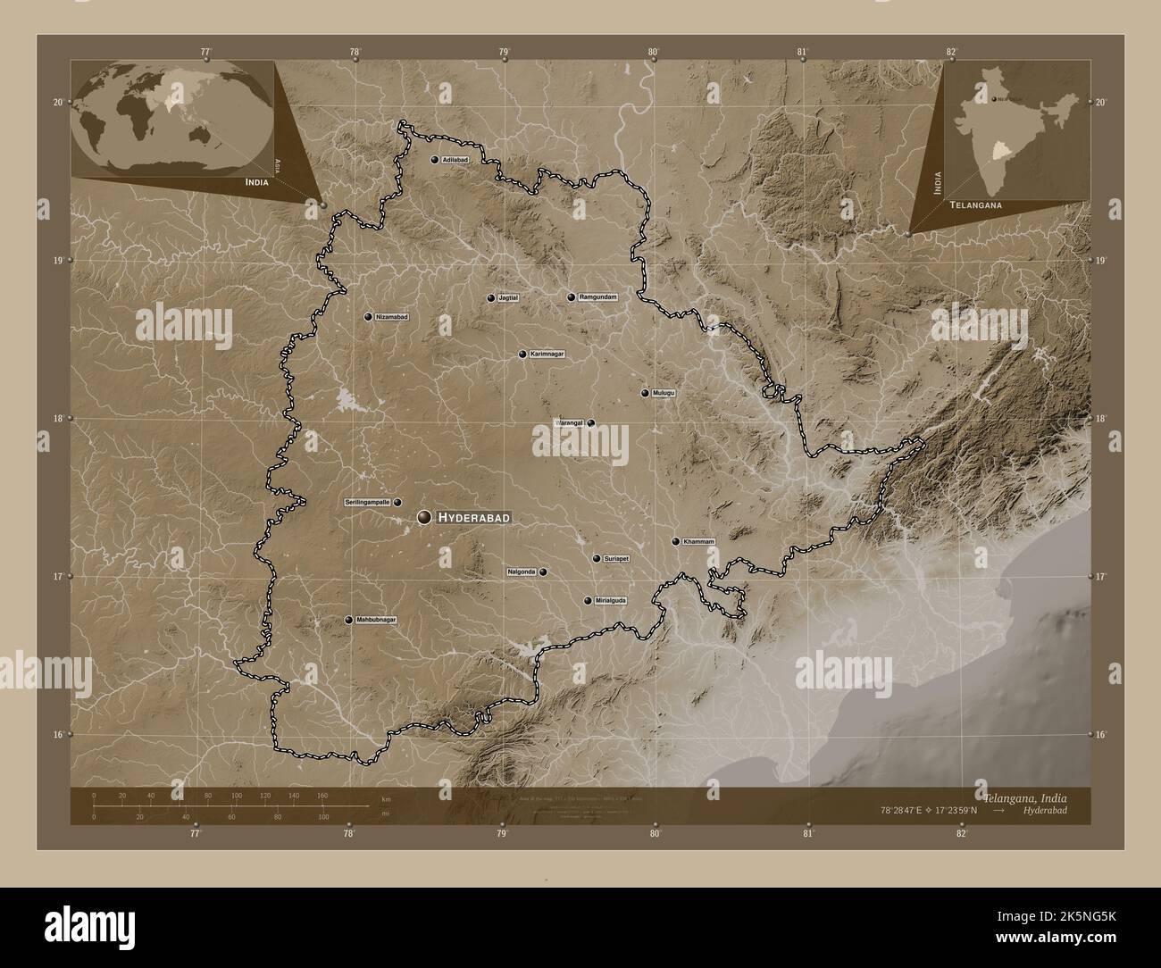 Telangana, state of India. Elevation map colored in sepia tones with ...