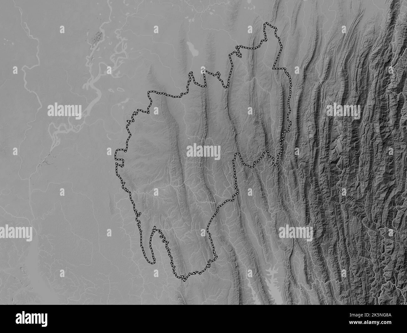 Tripura, state of India. Grayscale elevation map with lakes and rivers ...