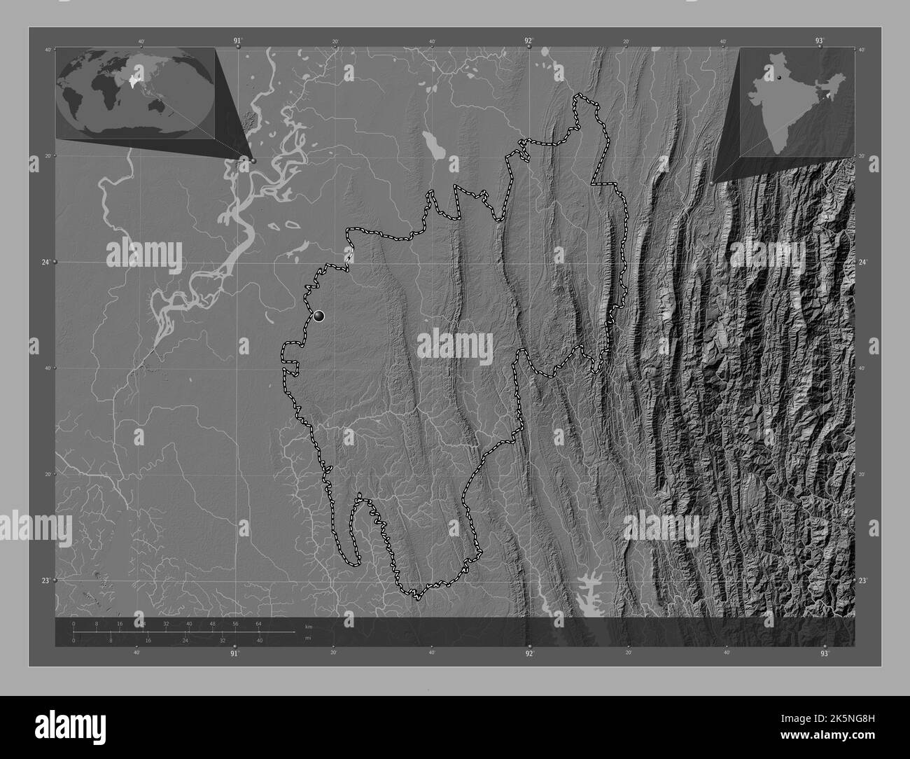 Tripura, state of India. Bilevel elevation map with lakes and rivers ...