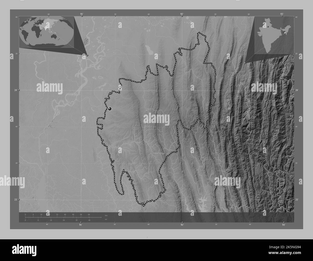 Tripura, state of India. Grayscale elevation map with lakes and rivers ...