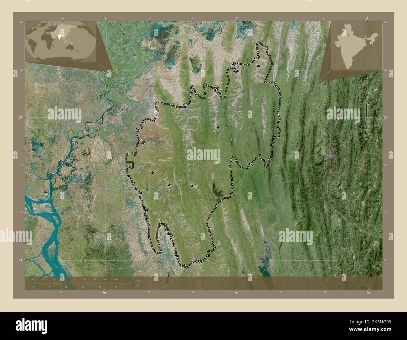 Tripura, state of India. High resolution satellite map. Locations of ...