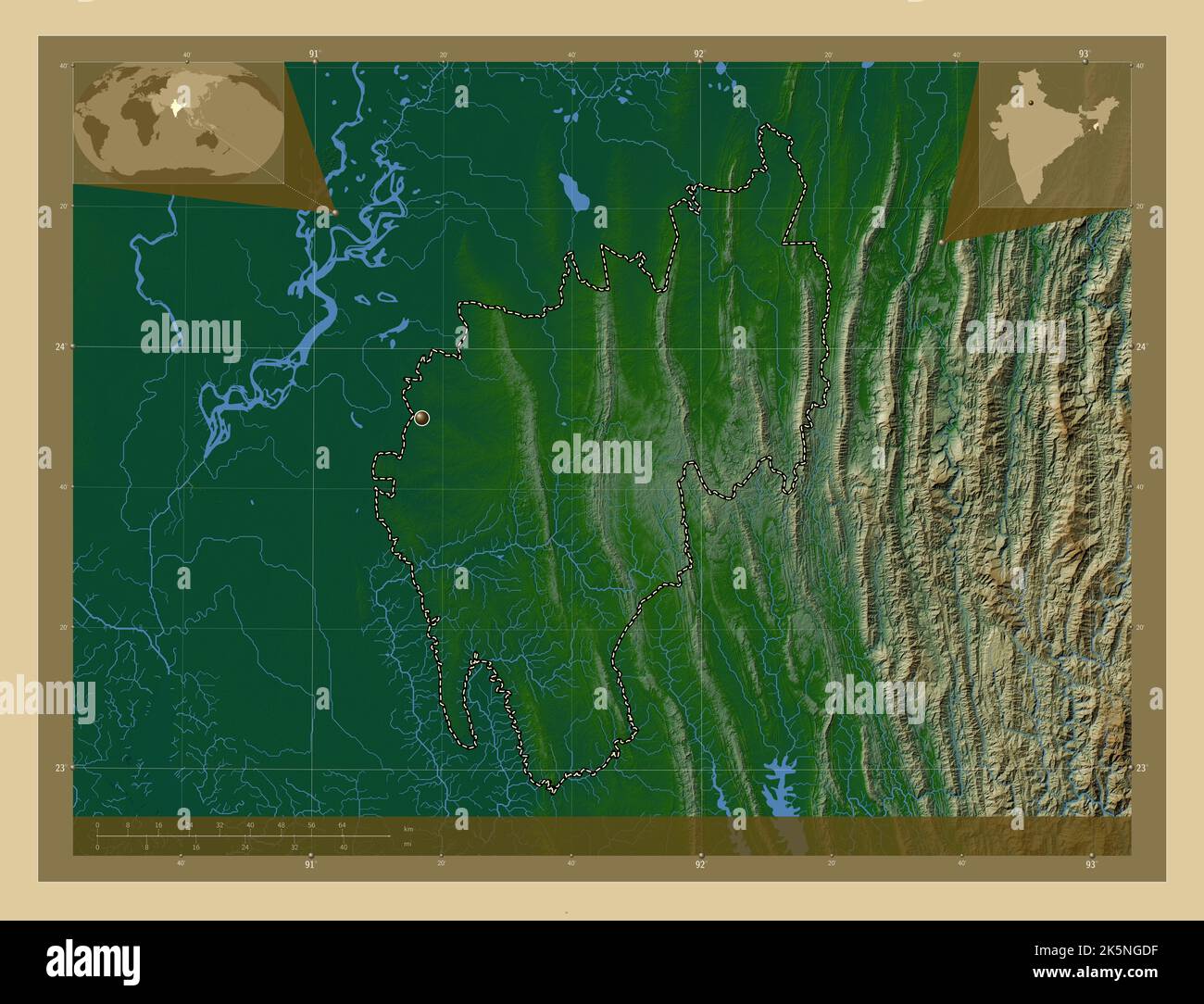 Tripura, state of India. Colored elevation map with lakes and rivers ...