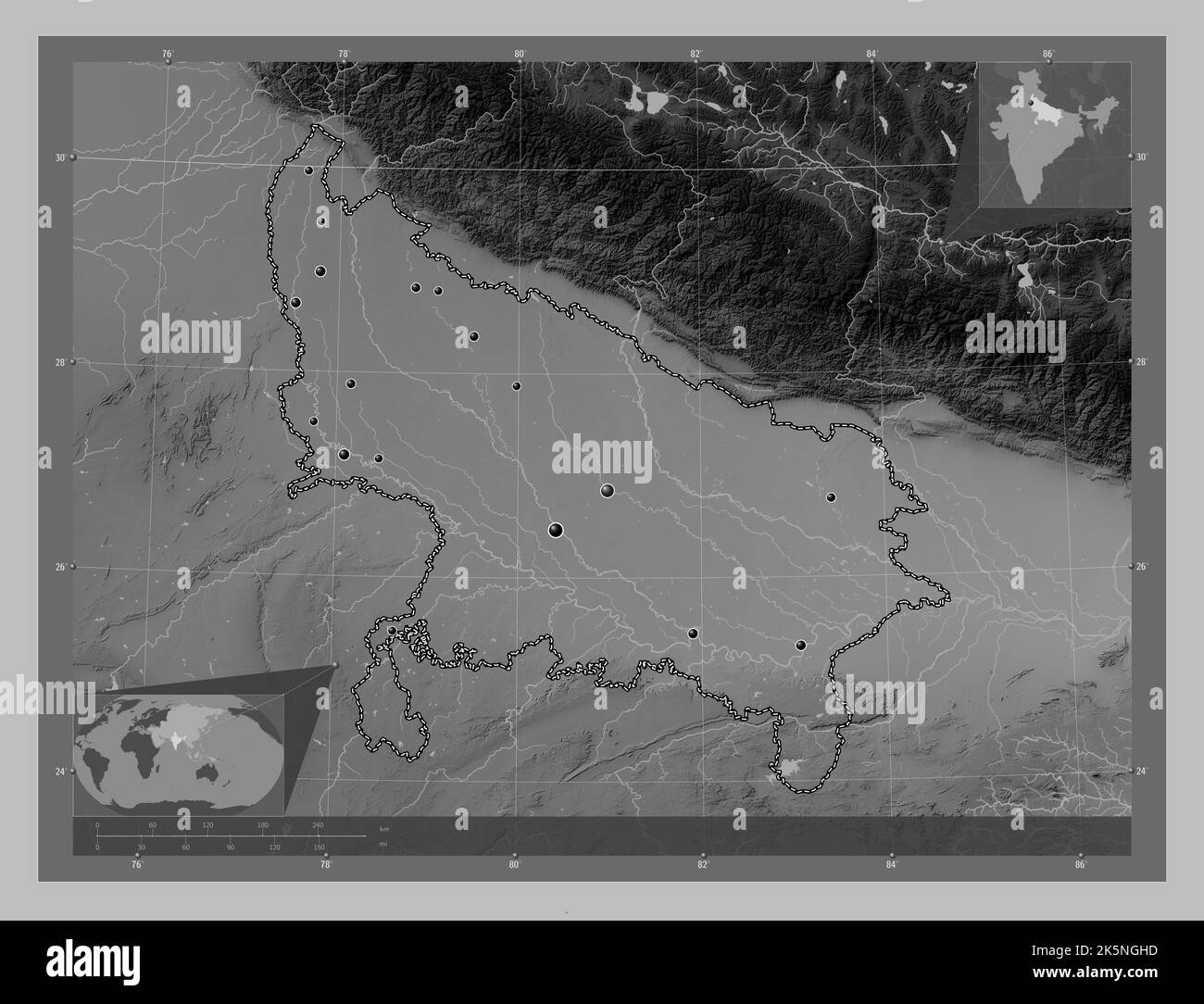 Uttar Pradesh, state of India. Grayscale elevation map with lakes and ...