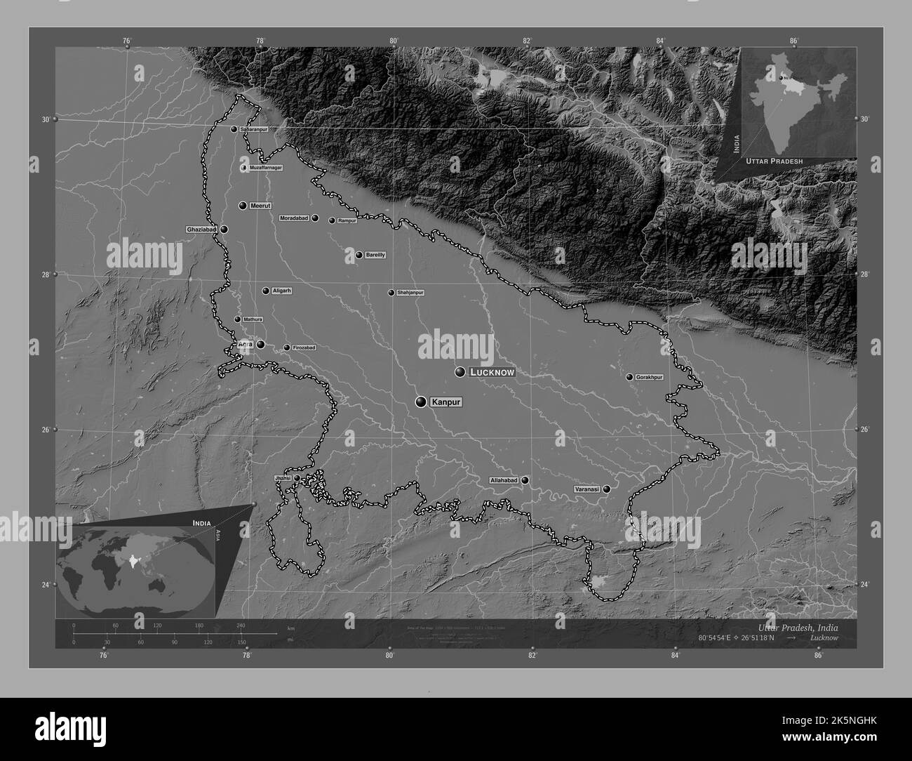 Uttar Pradesh, state of India. Bilevel elevation map with lakes and ...