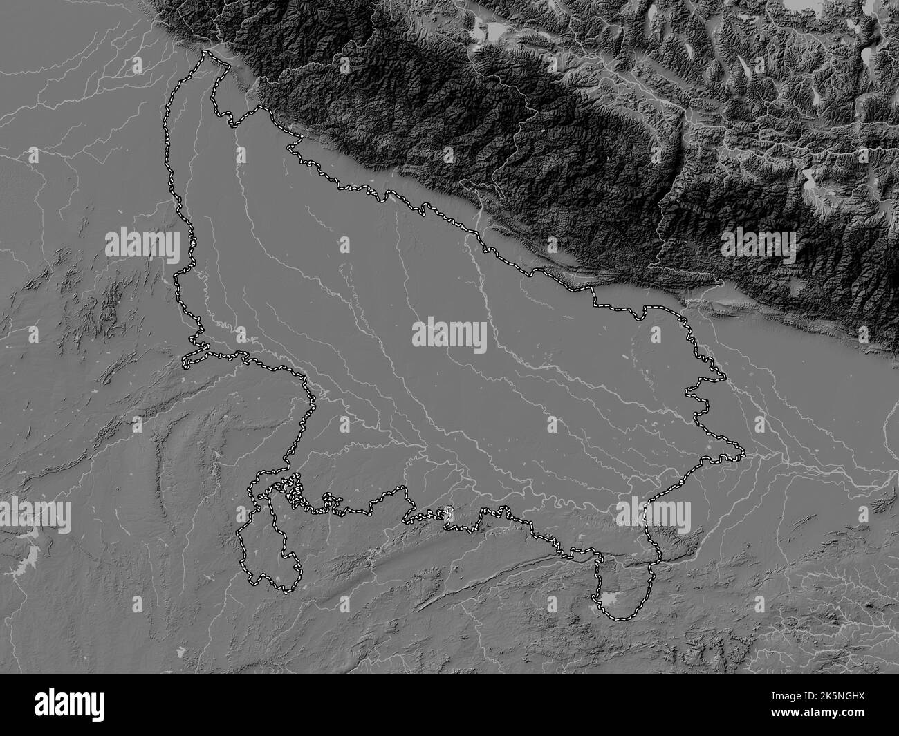 Uttar Pradesh, state of India. Bilevel elevation map with lakes and ...