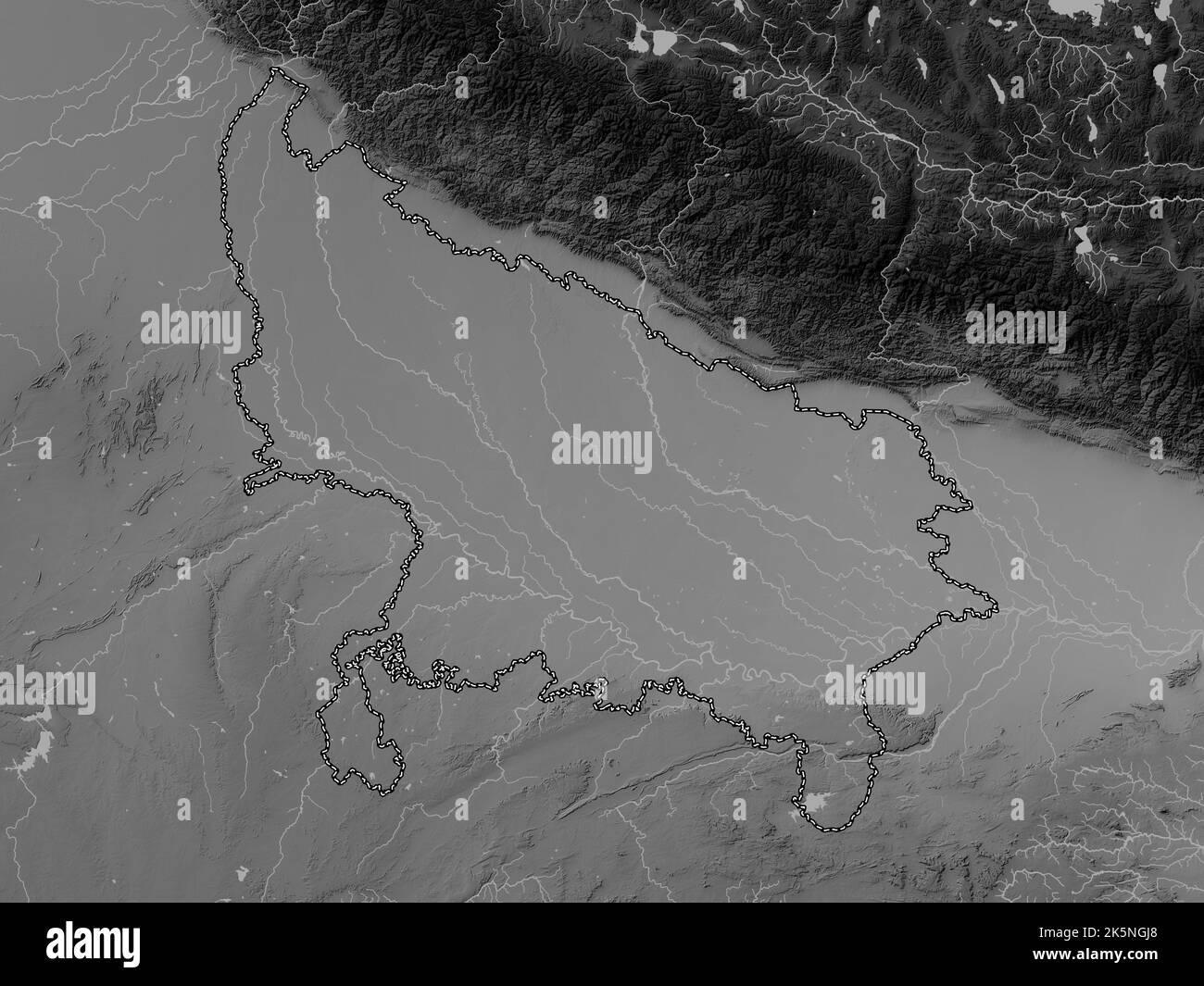 Uttar Pradesh, state of India. Grayscale elevation map with lakes and ...