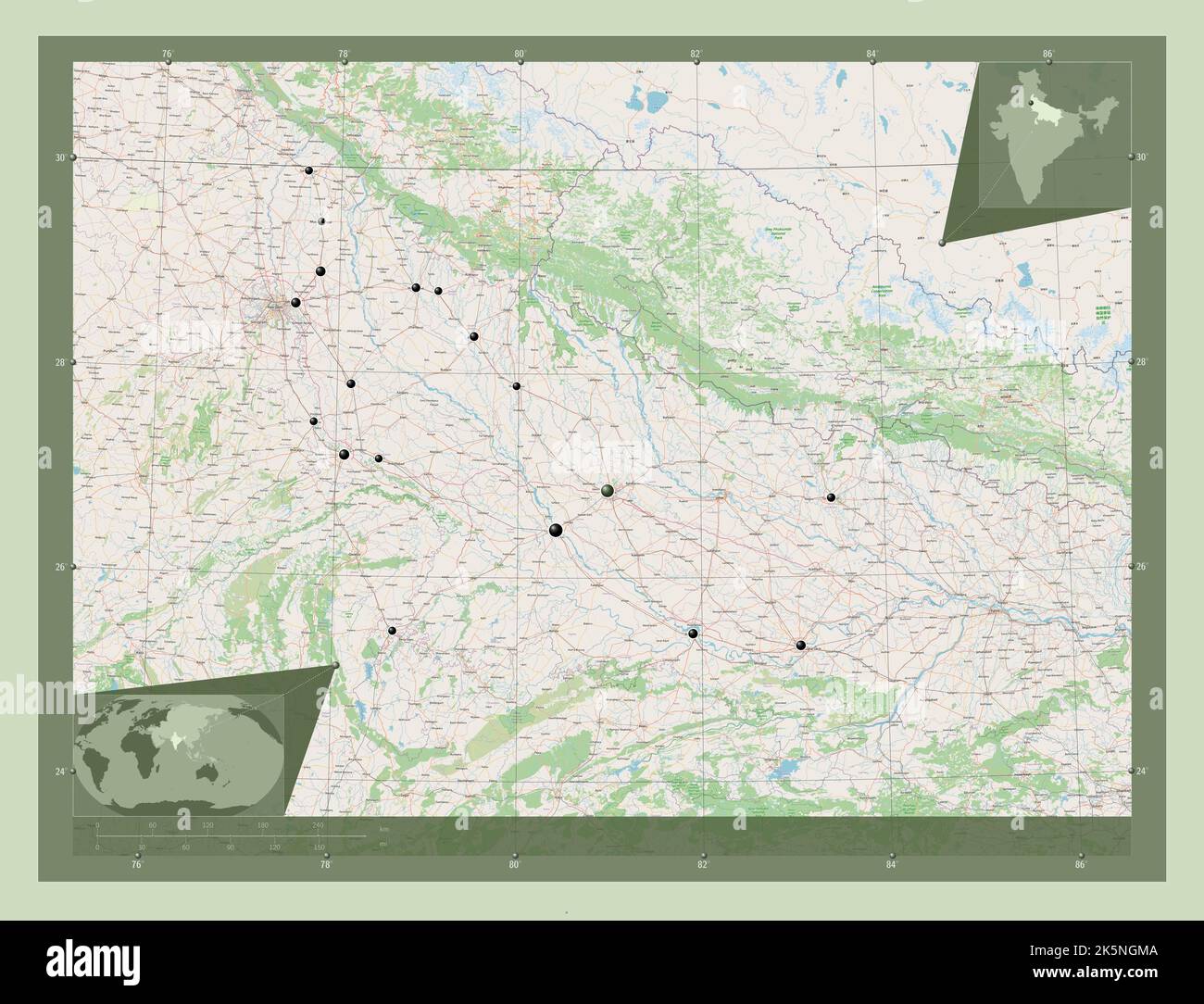 Uttar Pradesh, state of India. Open Street Map. Locations of major ...