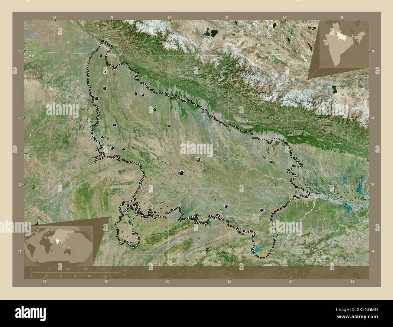 Uttar Pradesh, state of India. High resolution satellite map. Locations ...