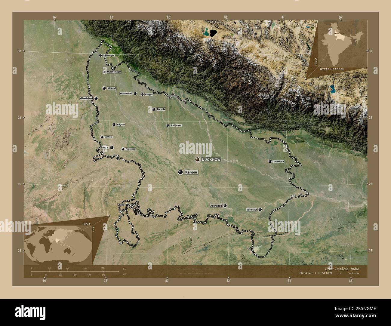 Uttar Pradesh, state of India. Low resolution satellite map. Locations ...