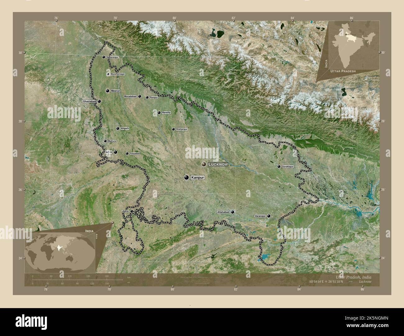 Uttar Pradesh, state of India. High resolution satellite map. Locations ...