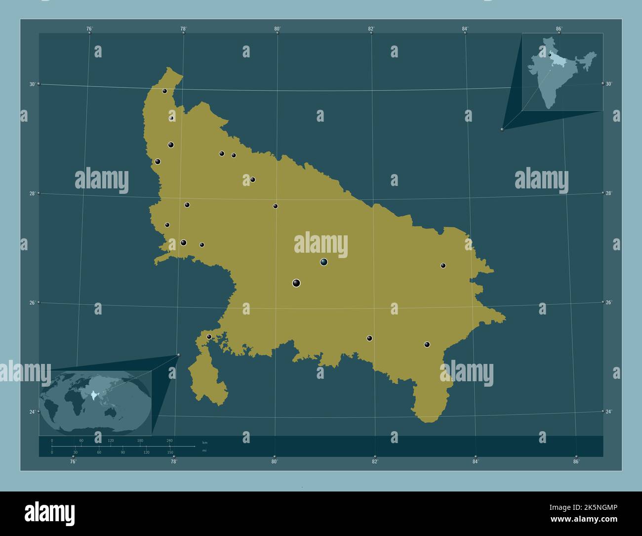 Uttar Pradesh, state of India. Solid color shape. Locations of major ...