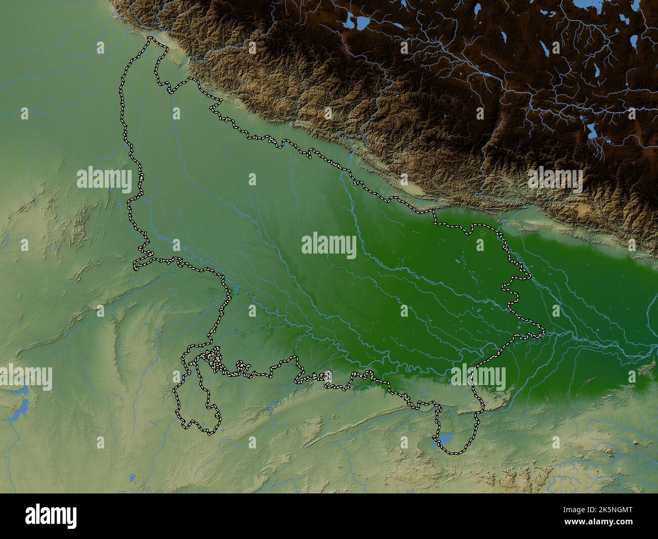 Uttar Pradesh, state of India. Colored elevation map with lakes and rivers Stock Photo - Alamy