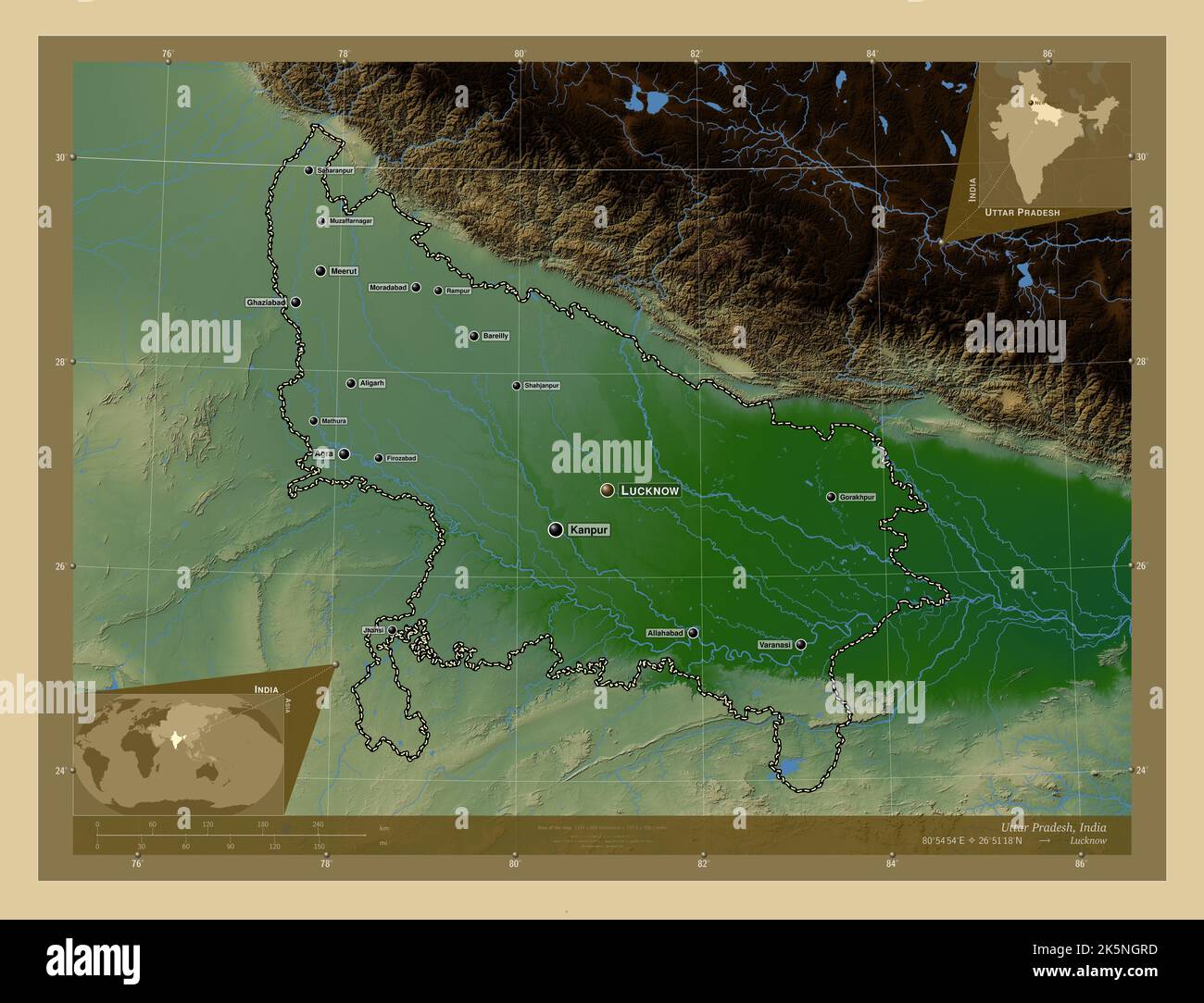 Uttar Pradesh, state of India. Colored elevation map with lakes and ...