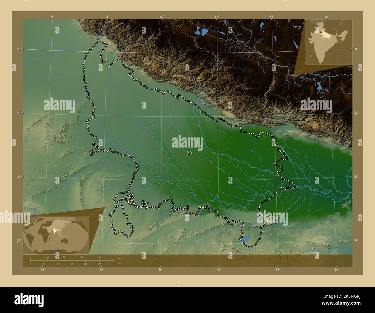 Uttar Pradesh, state of India. Colored elevation map with lakes and ...