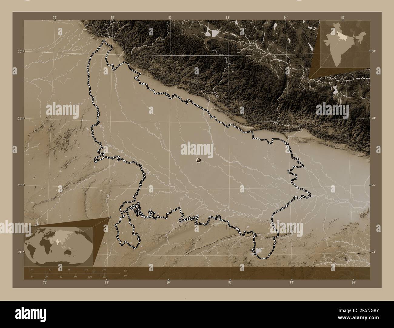 Uttar Pradesh, state of India. Elevation map colored in sepia tones with lakes and rivers ...