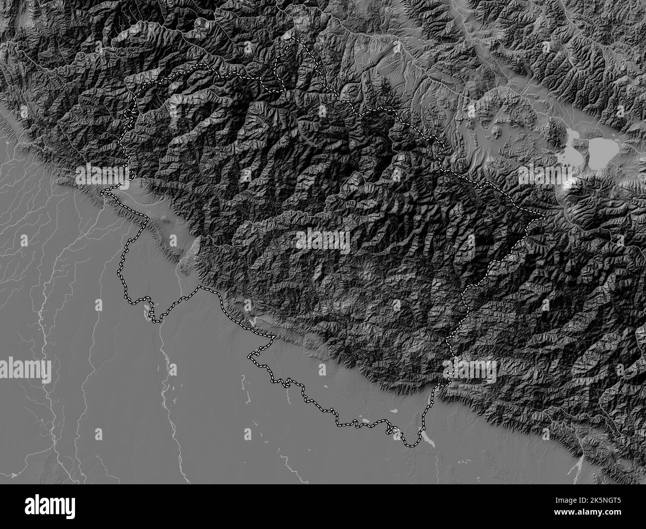 Uttarakhand, state of India. Bilevel elevation map with lakes and ...