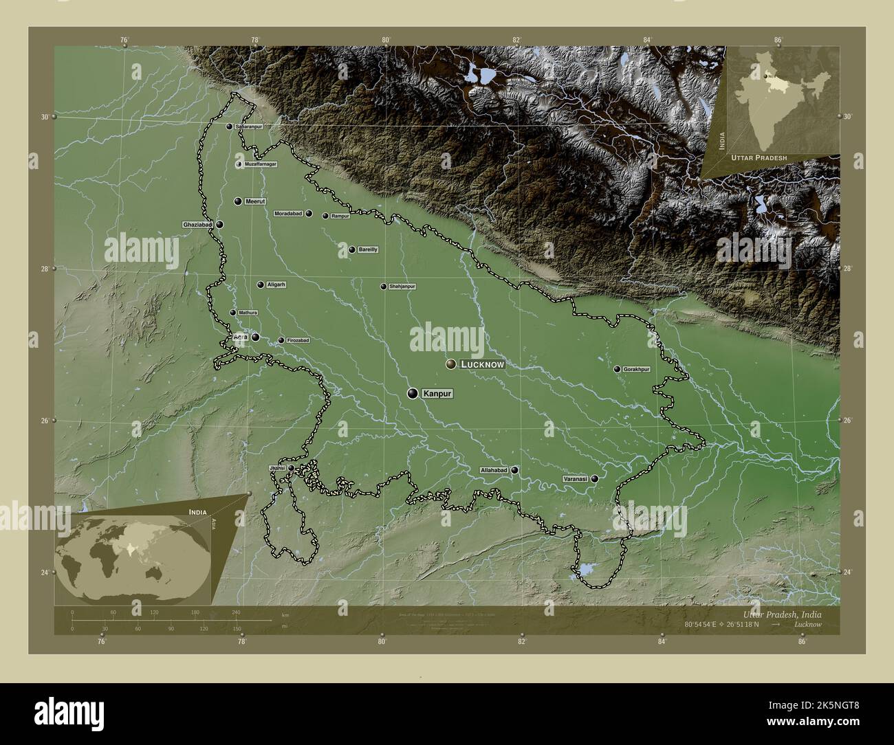 Uttar Pradesh, state of India. Elevation map colored in wiki style with ...