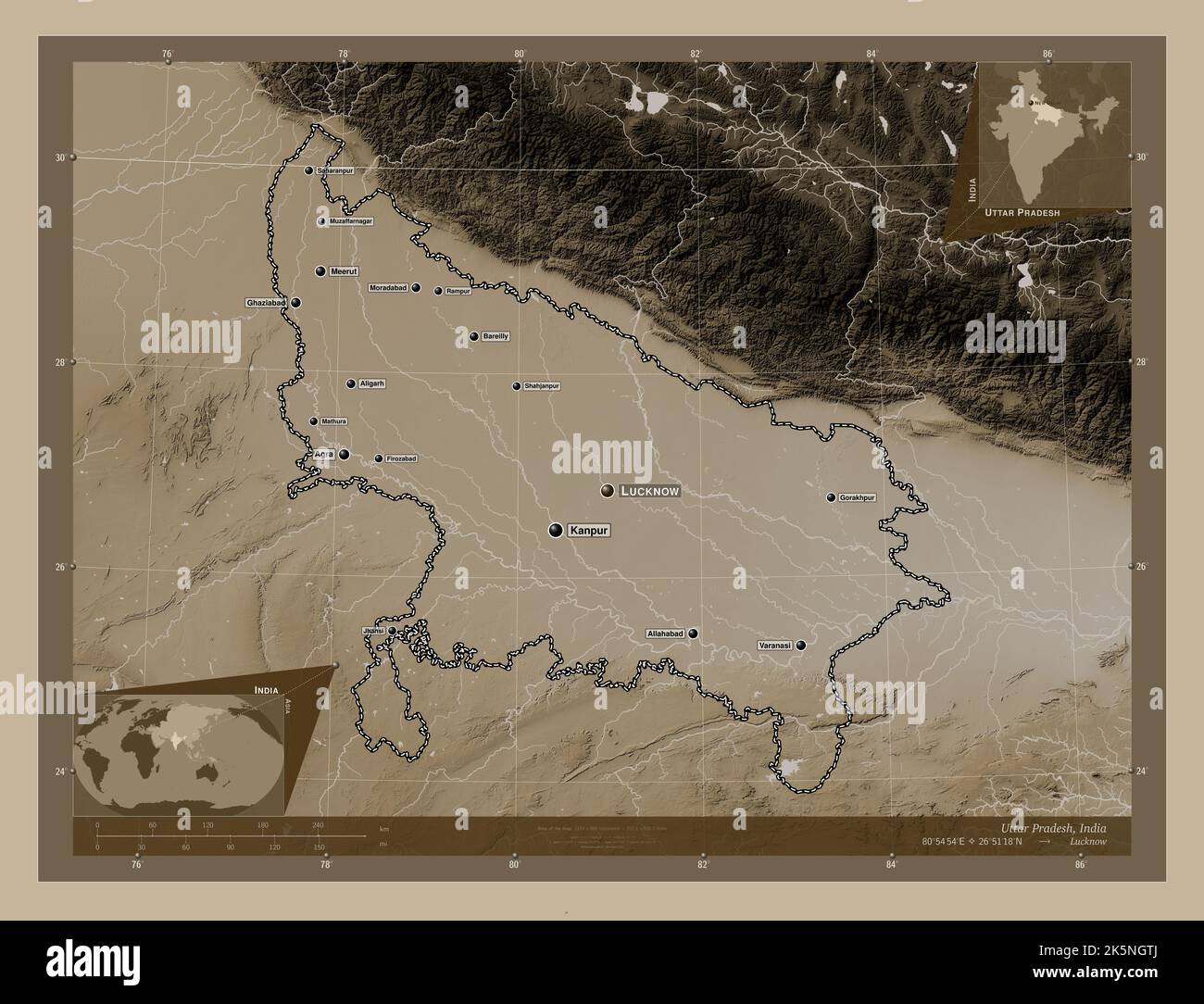 Uttar Pradesh, state of India. Elevation map colored in sepia tones ...