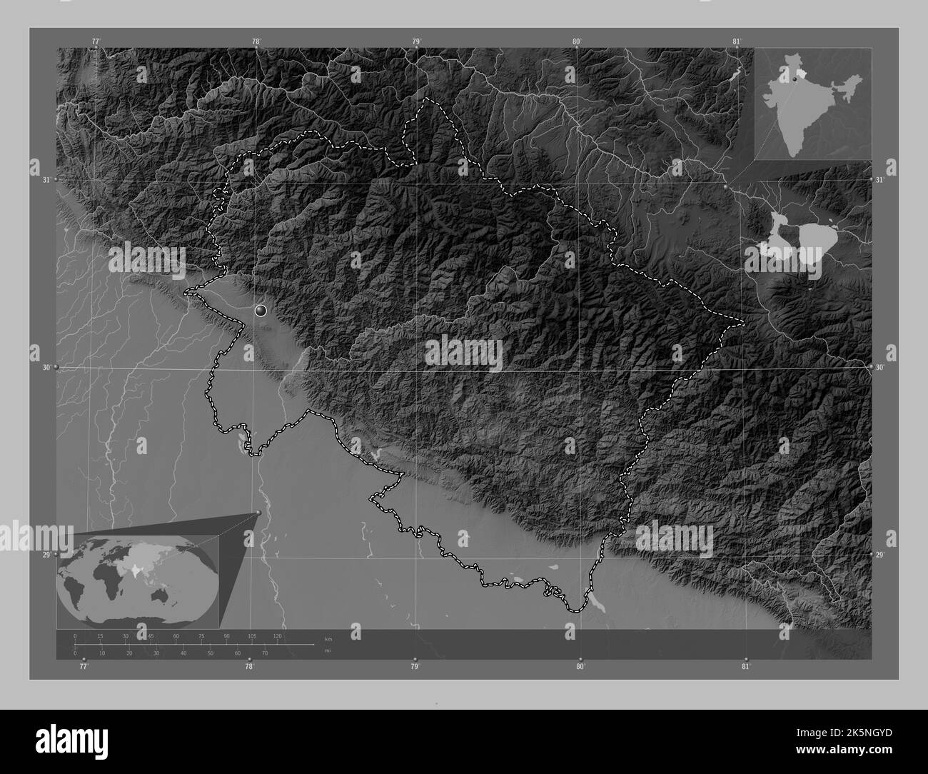 Uttarakhand, state of India. Grayscale elevation map with lakes and ...